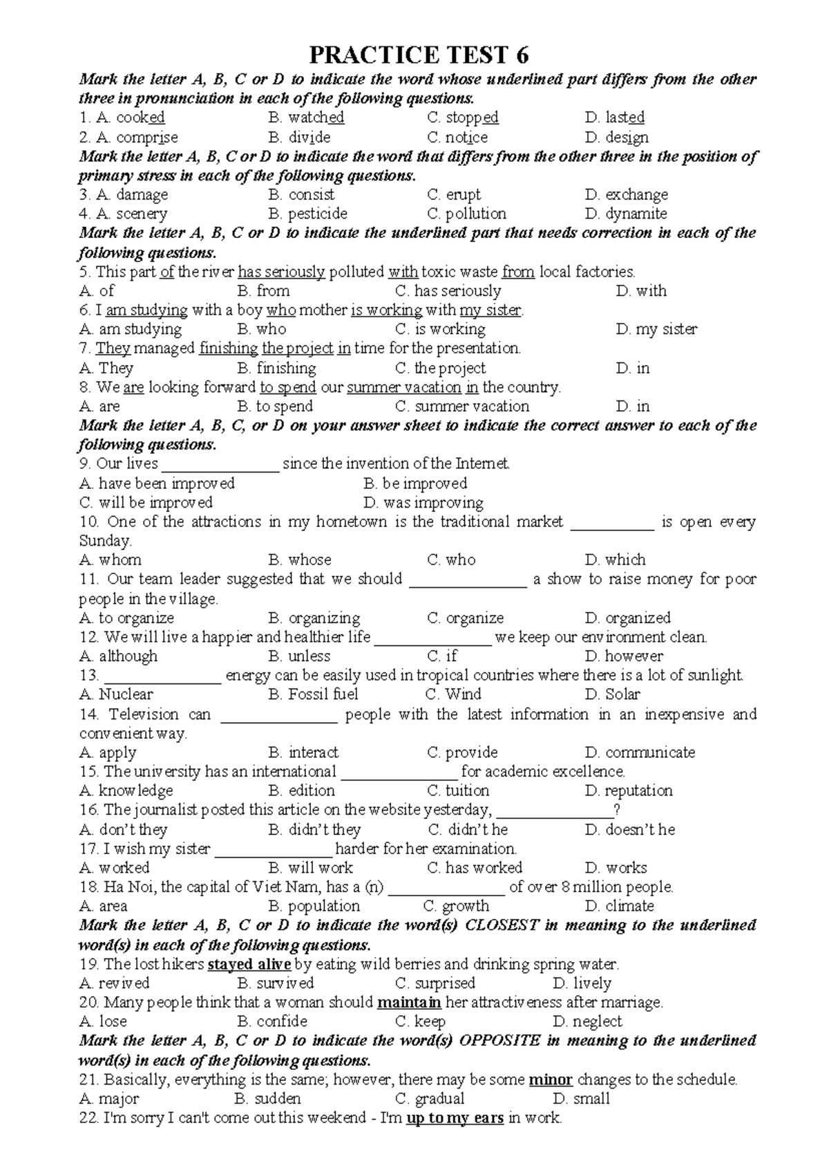 Practice Test 06 - PRACTICE TEST 6 Mark the letter A, B, C or D to ...