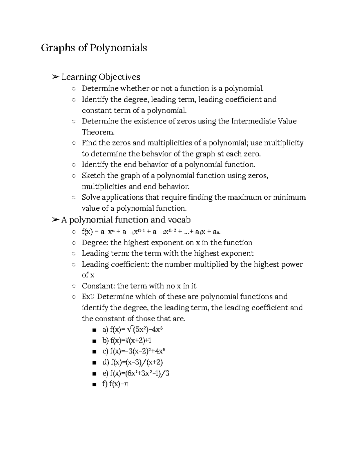 Math 1050 Lecture Notes Class 7 - Graphs of Polynomials Learning ...