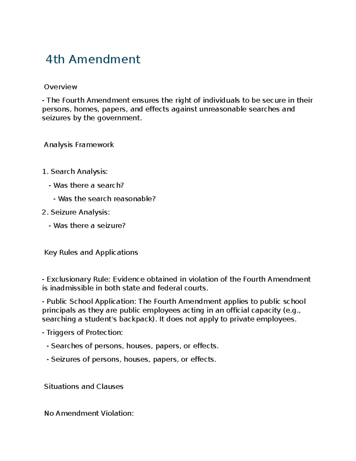 Full outline with doctrines and exceptions - 4th Amendment Overview The ...