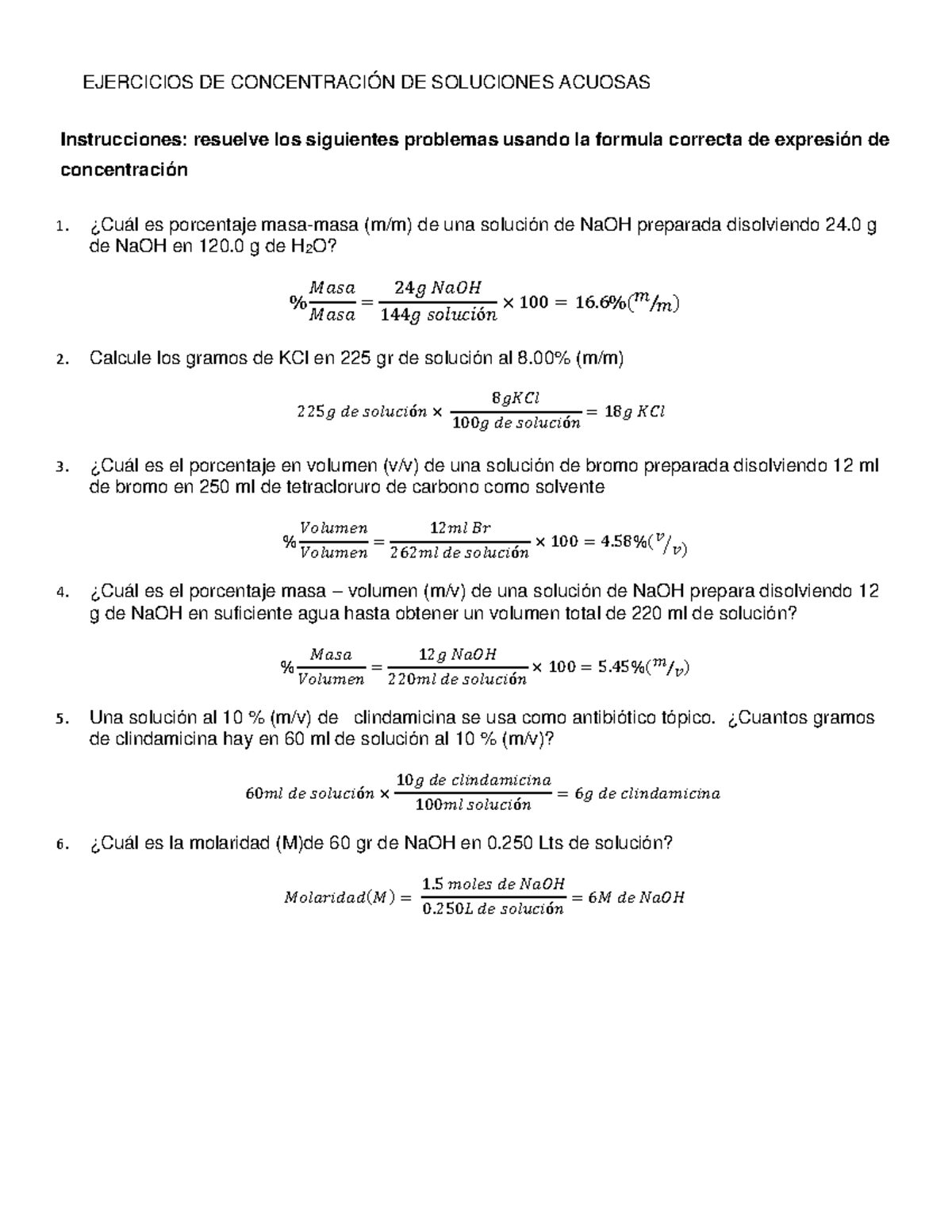 Ejercicios concentracion en soluciones acuosas - EJERCICIOS DE ...