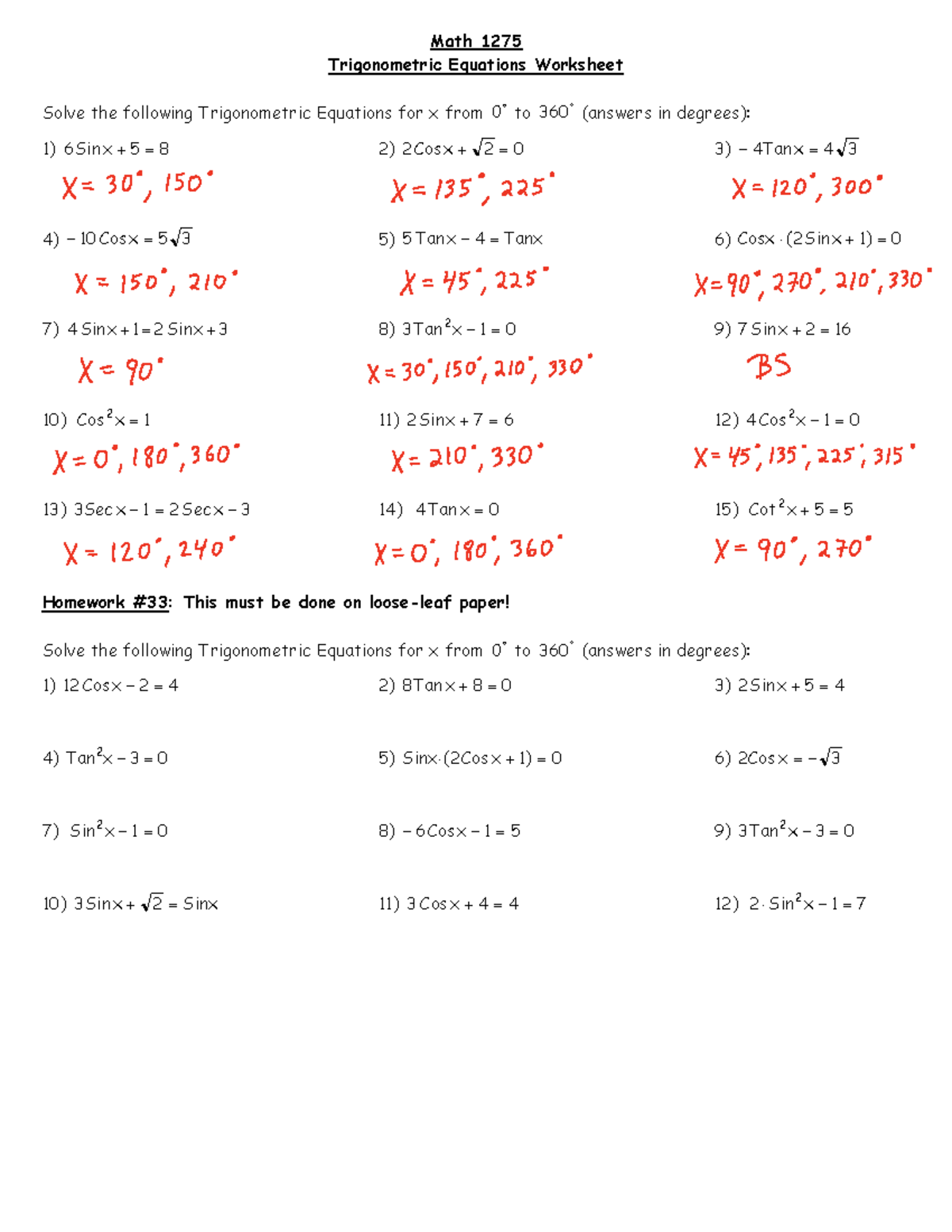 32 Trig Eqns WS - Trig Eqns - Math 1275 Trigonometric Equations ...