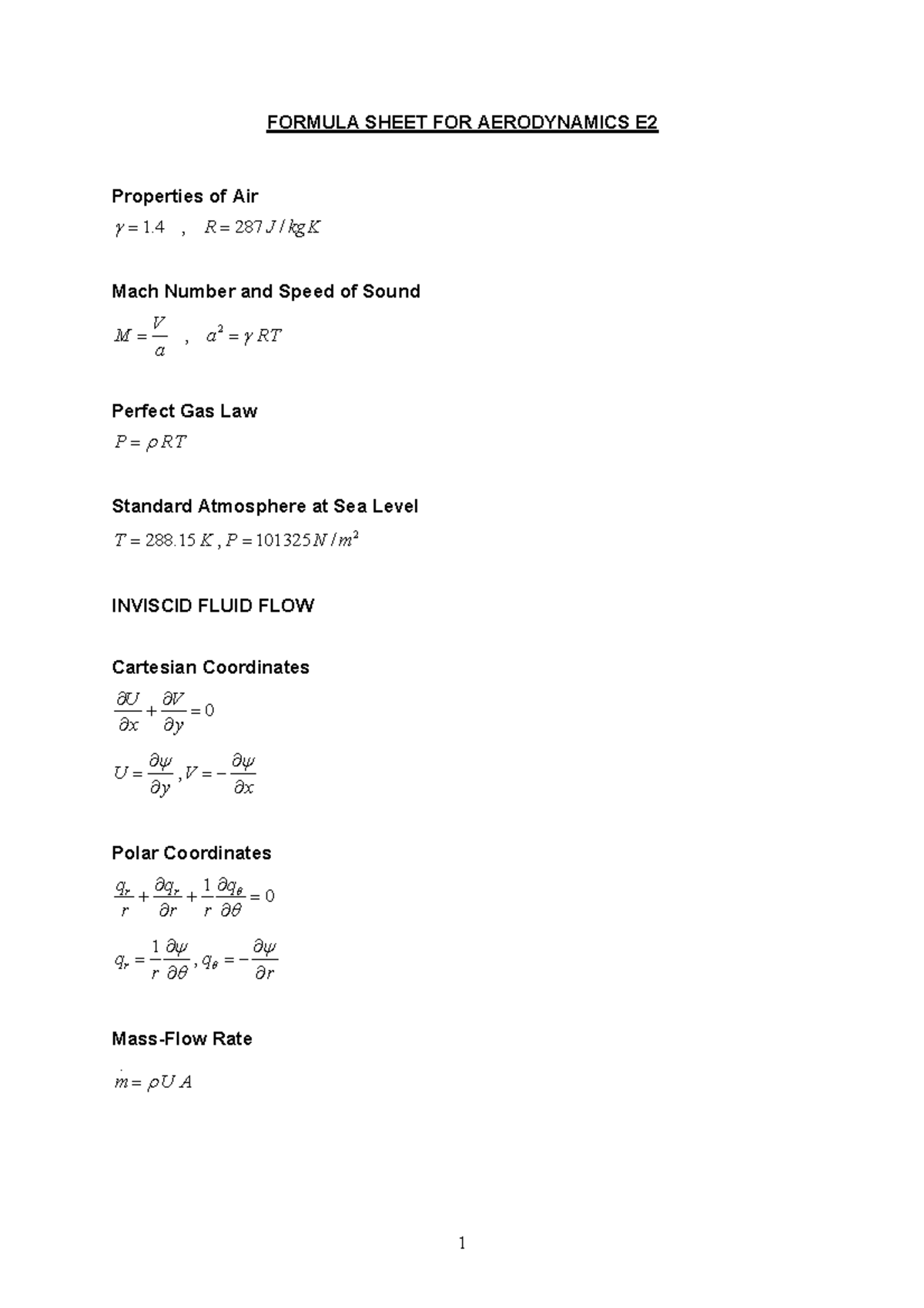Aerodynamics E2 Exam Formula Sheet 2014 - FORMULA SHEET FOR ...