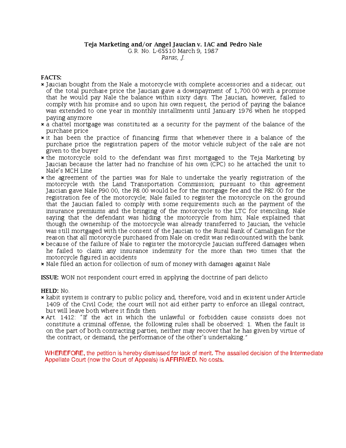 Contracts Case 14 Teja Marketing v - Teja Marketing and/or Angel Jaucian v. IAC and Pedro Nale G ...