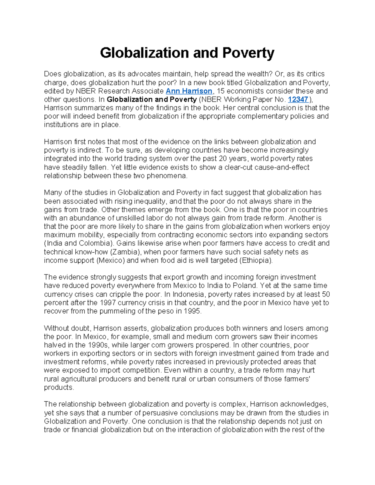 Globalization and Poverty - In Globalization and Poverty (NBER Working ...