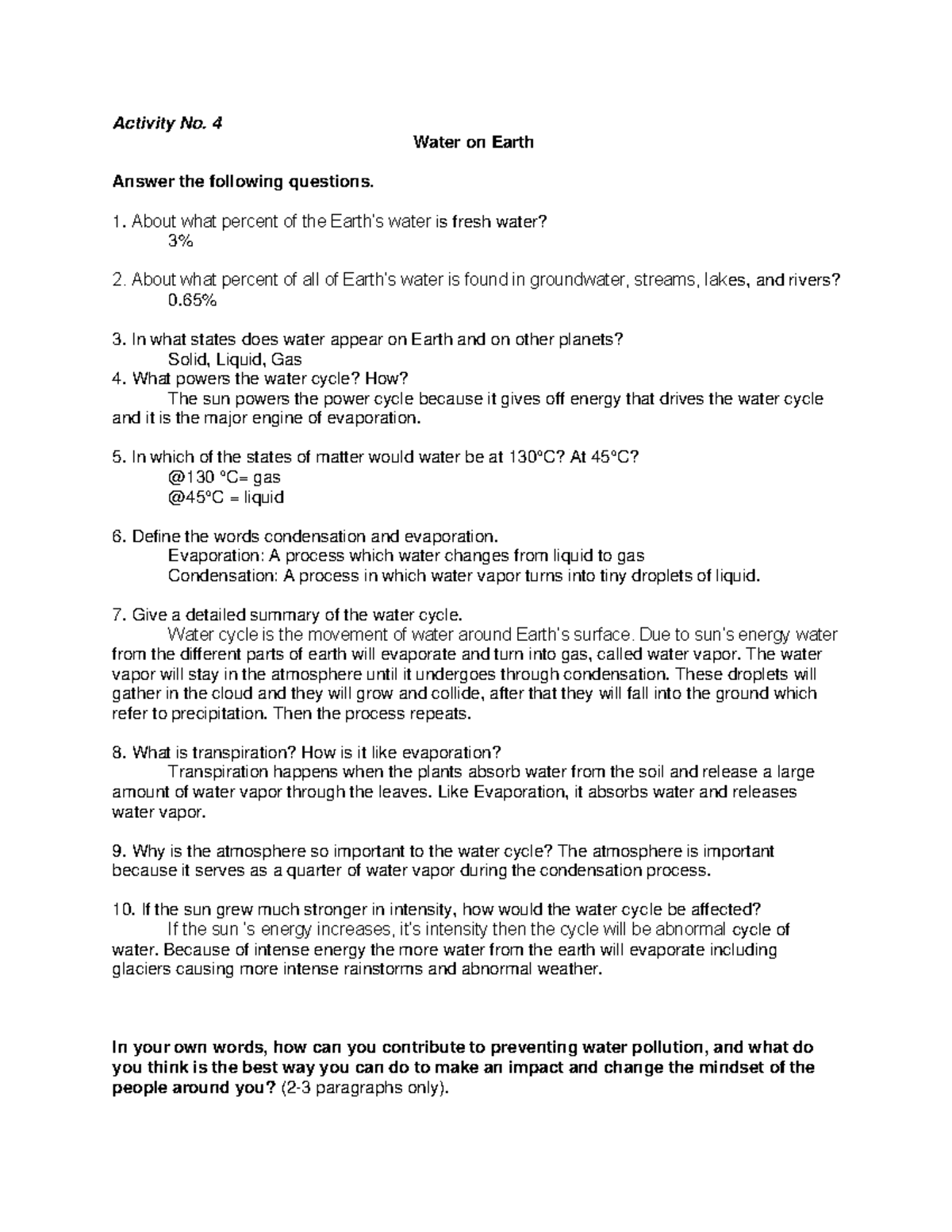 Copy of Geelec Activity 4 - Activity No. 4 Water on Earth Answer the ...