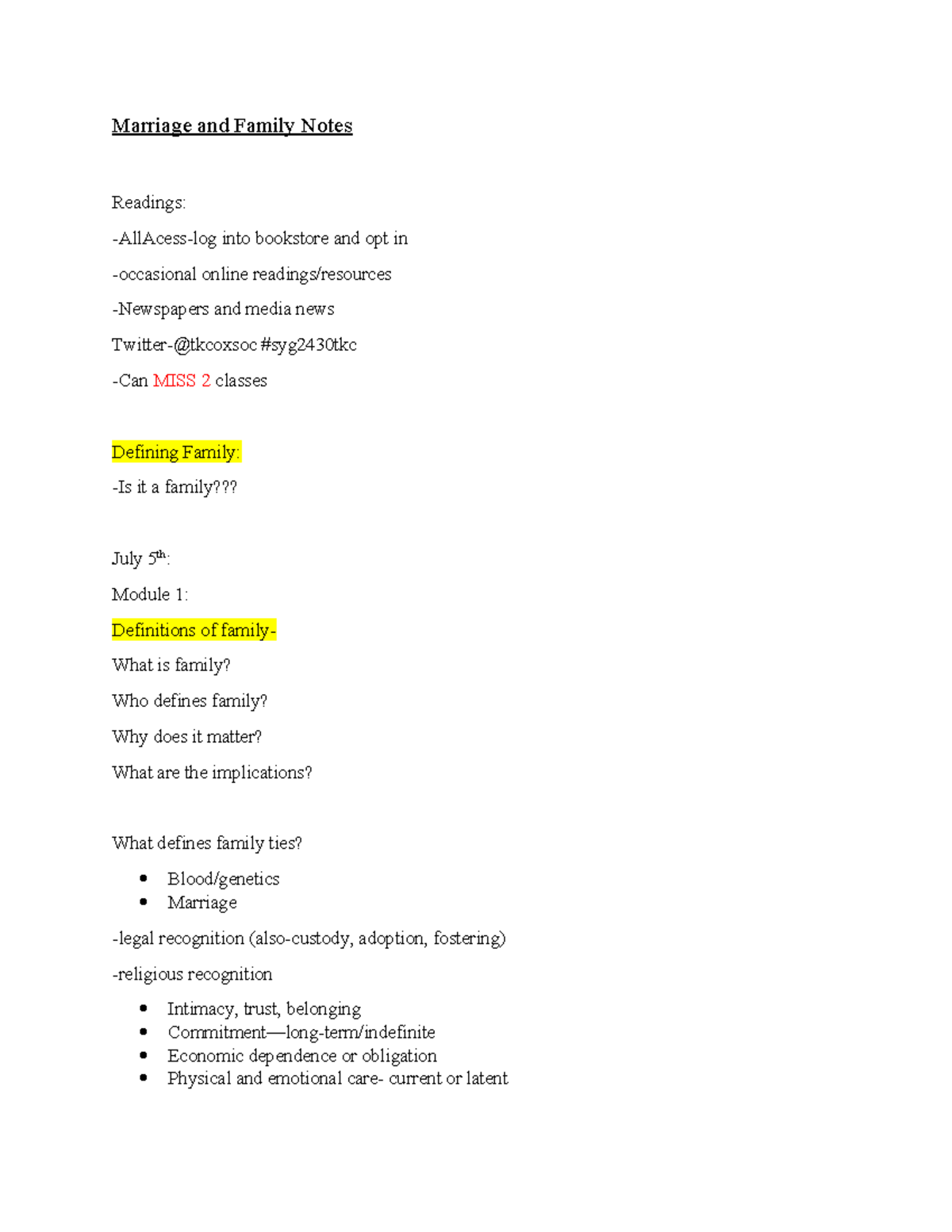 Marriage and family notes - Marriage and Family Notes Readings ...