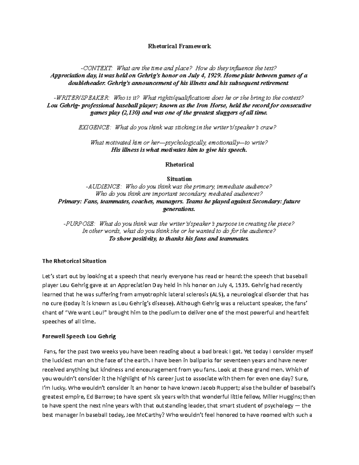 Gehrig speech work - English - Rhetorical Framework -CONTEXT: What are ...
