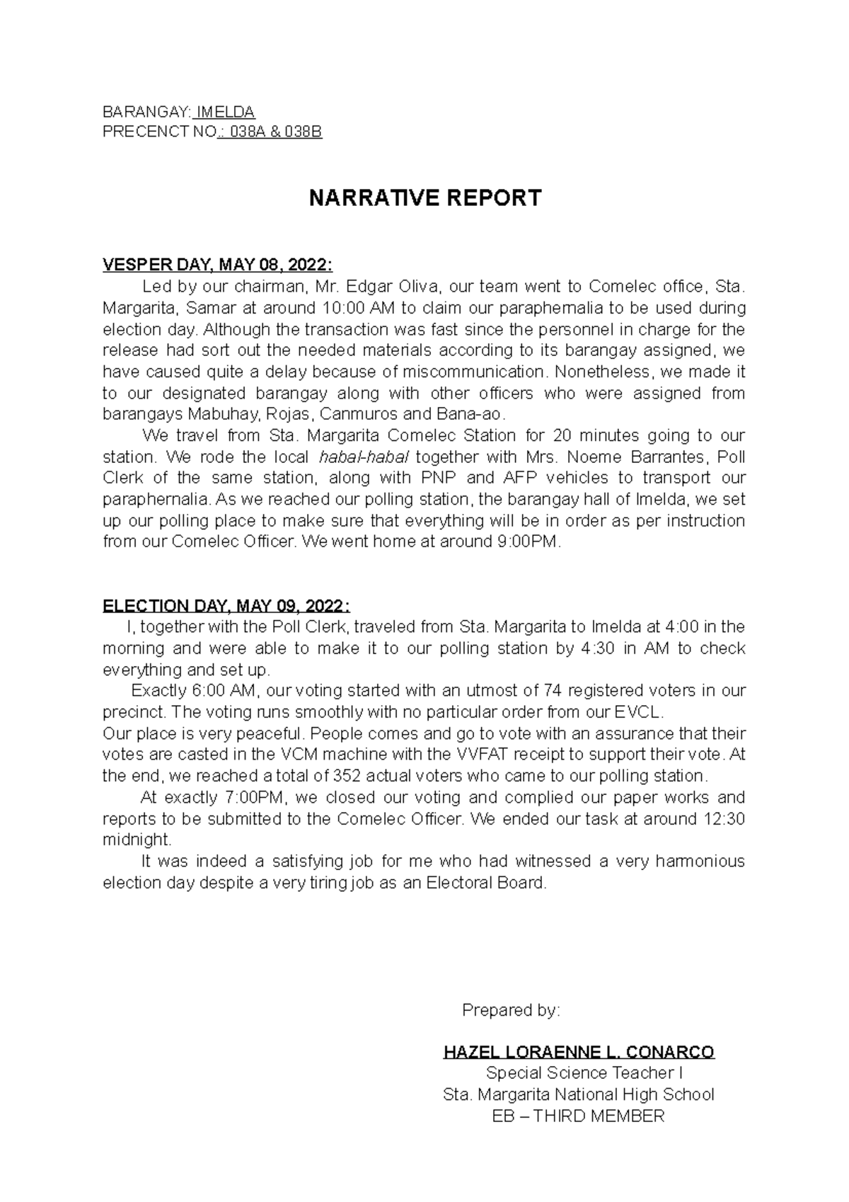 Narrative- Comelec - ulpoads - BARANGAY: IMELDA PRECENCT NO.: 038A ...