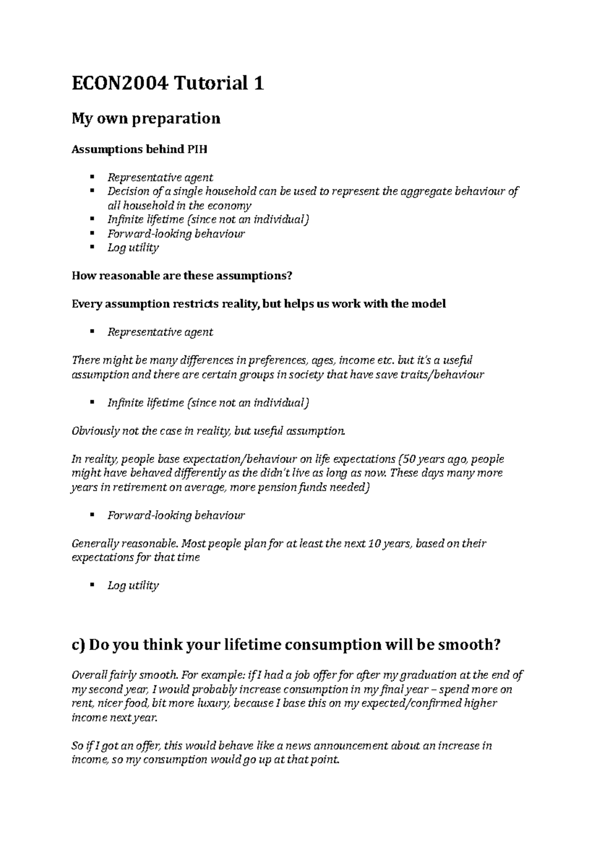 ECON2004 Term 1 Tutorial 1 - ECON2004 Tutorial 1 My own preparation Assumptions behind PIH - Studocu