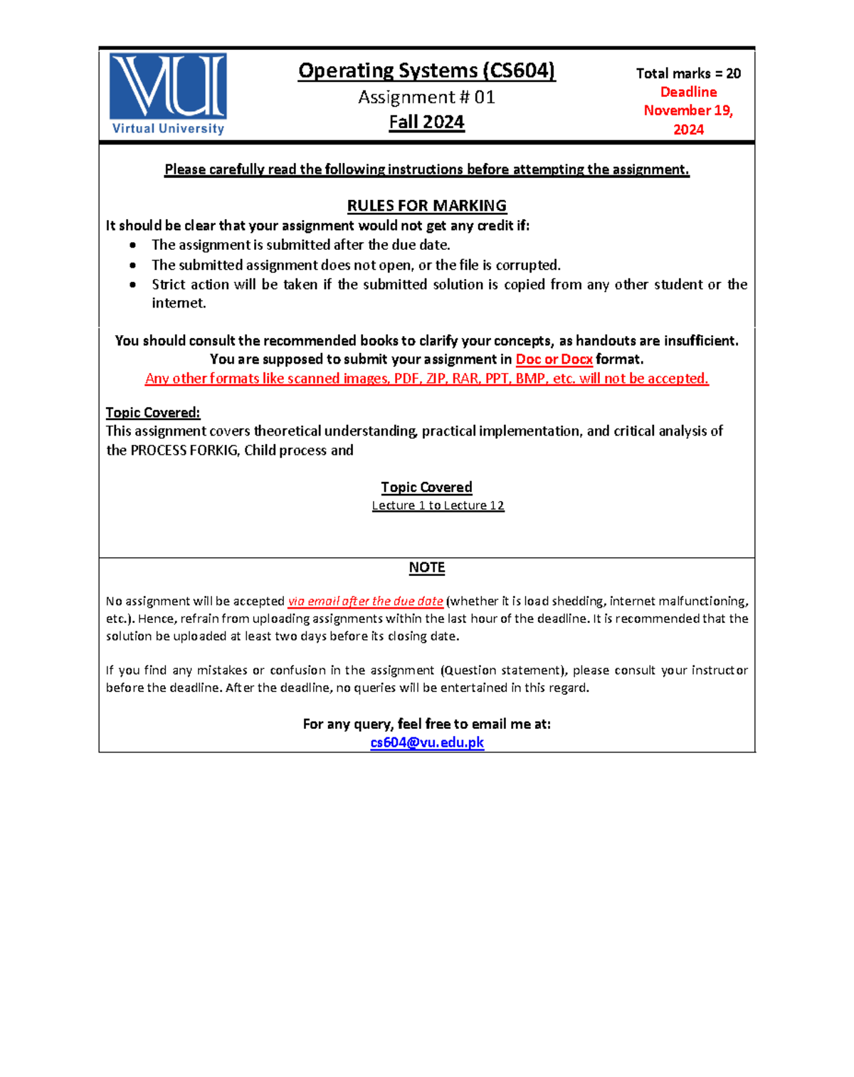 Fall 2024 CS604 1 - assignment - Operating Systems (CS604) Assignment # 0 1 Fall 2024 Total ...