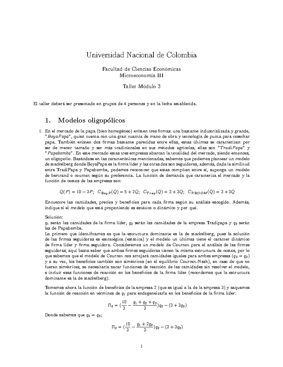 Taller M dulo 3 Microeconom a III Solucionario - Universidad Nacional de Colombia Facultad de ...