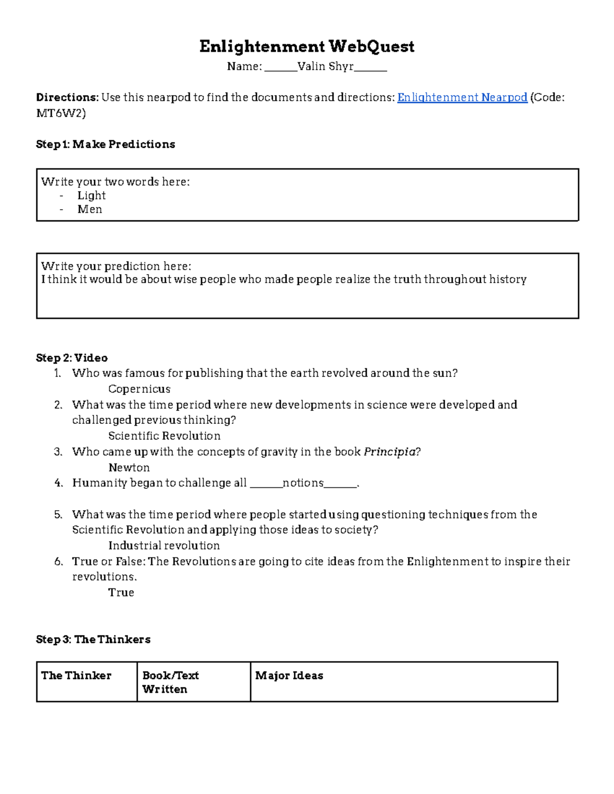 Enlightenment Web Quest - Enlightenment WebQuest Name: Valin Shyr ...
