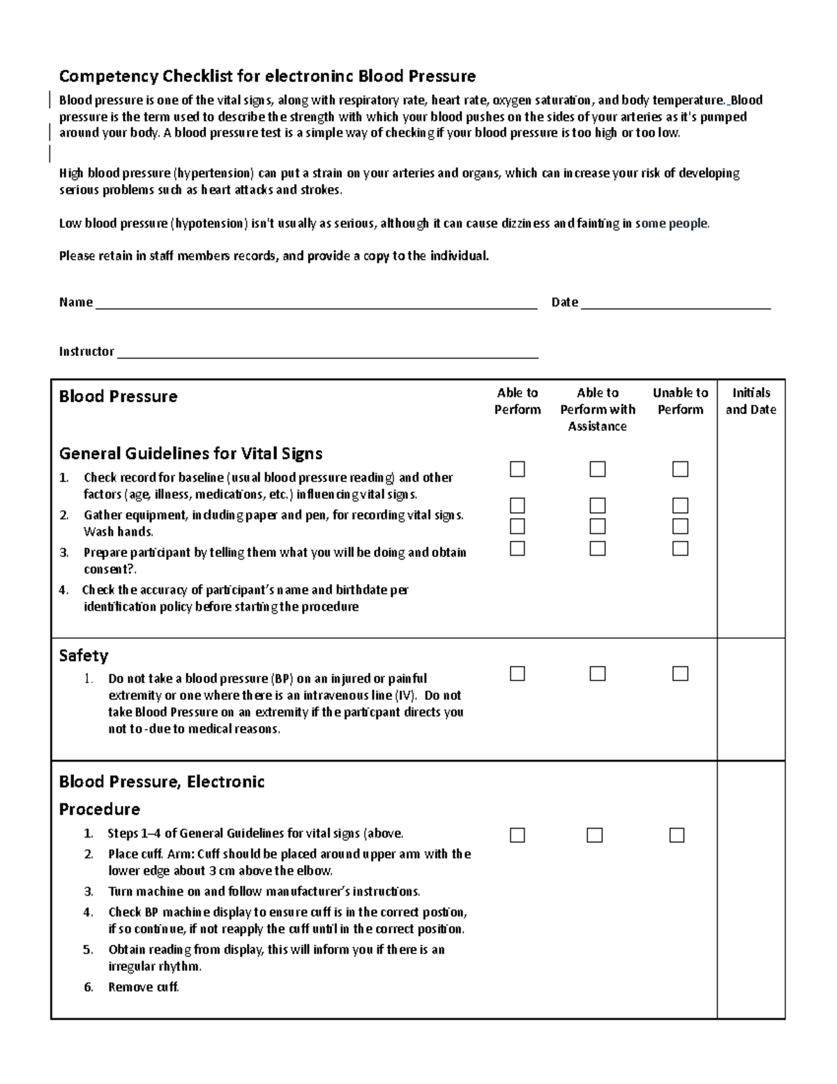 V3 Competency Checklist for electronic Blood Pressure Pulse Oximetry ...