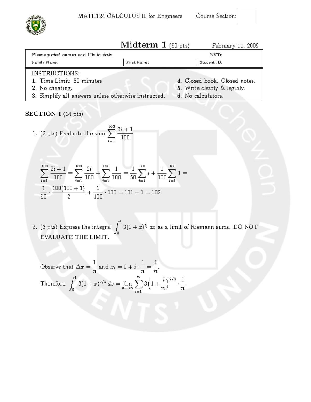 Examen 2009, Questions Et Réponses - MATH124 CALCULUS II for Engineers Course Section: Midterm 1 ...
