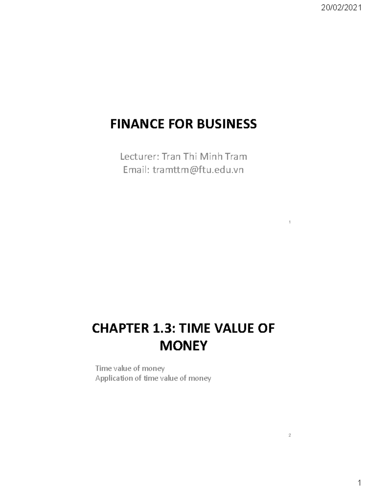 Chapter 1.3 - Application of TVM and resource allocation - sv4 - FINANCE FOR BUSINESS Lecturer ...