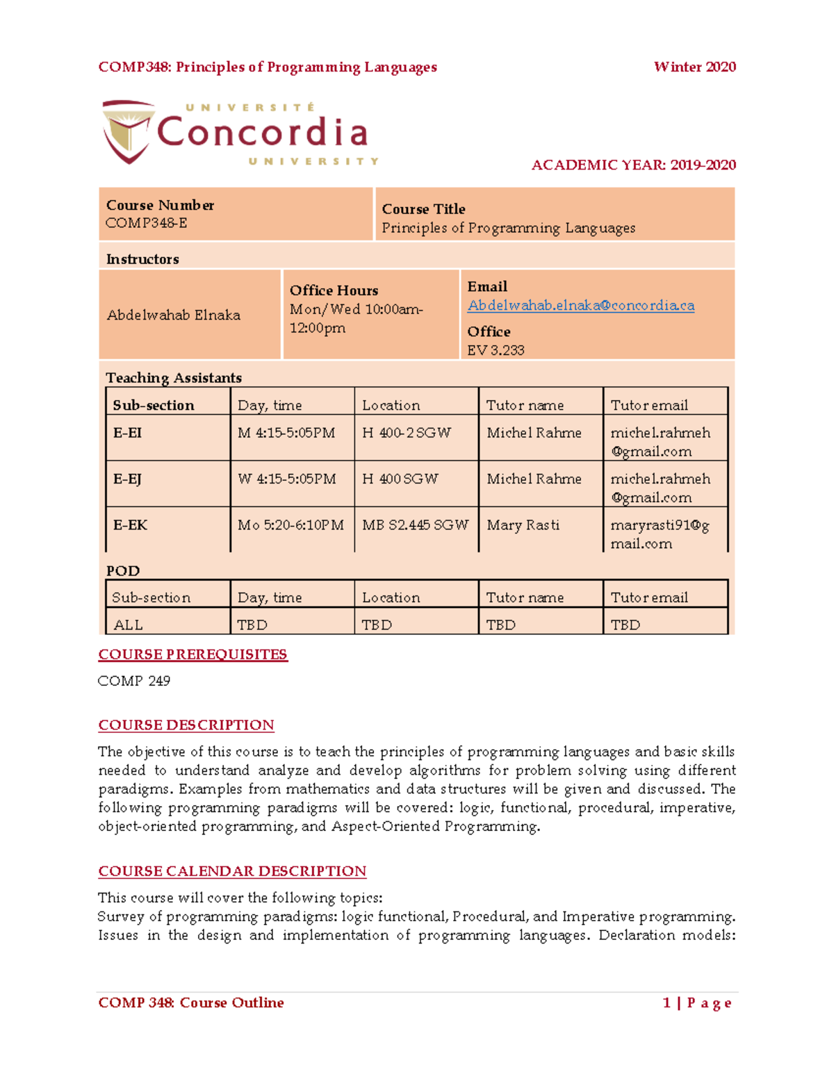 COMP348 Outline Winter 2020 - Warning: TT: undefined function: 32 ACADEMIC YEAR: 2019- Course ...