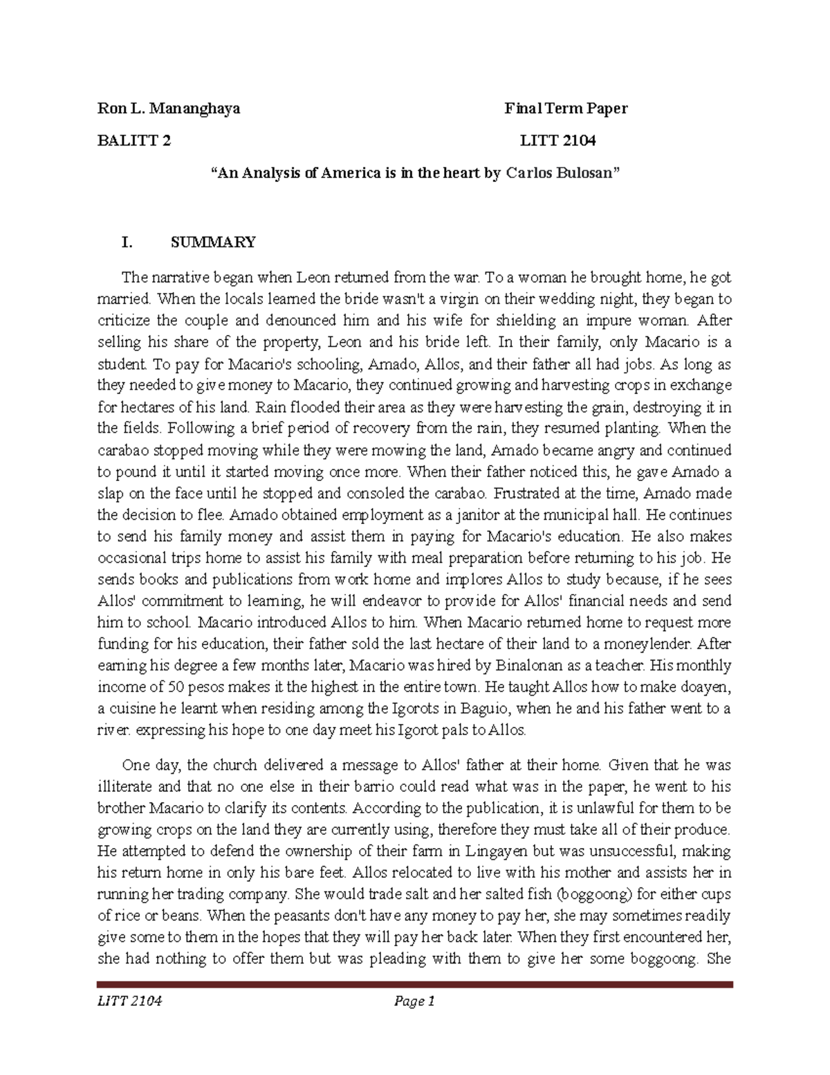 An Analysis of America is in the heart by Carlos Bulosan - Ron L ...