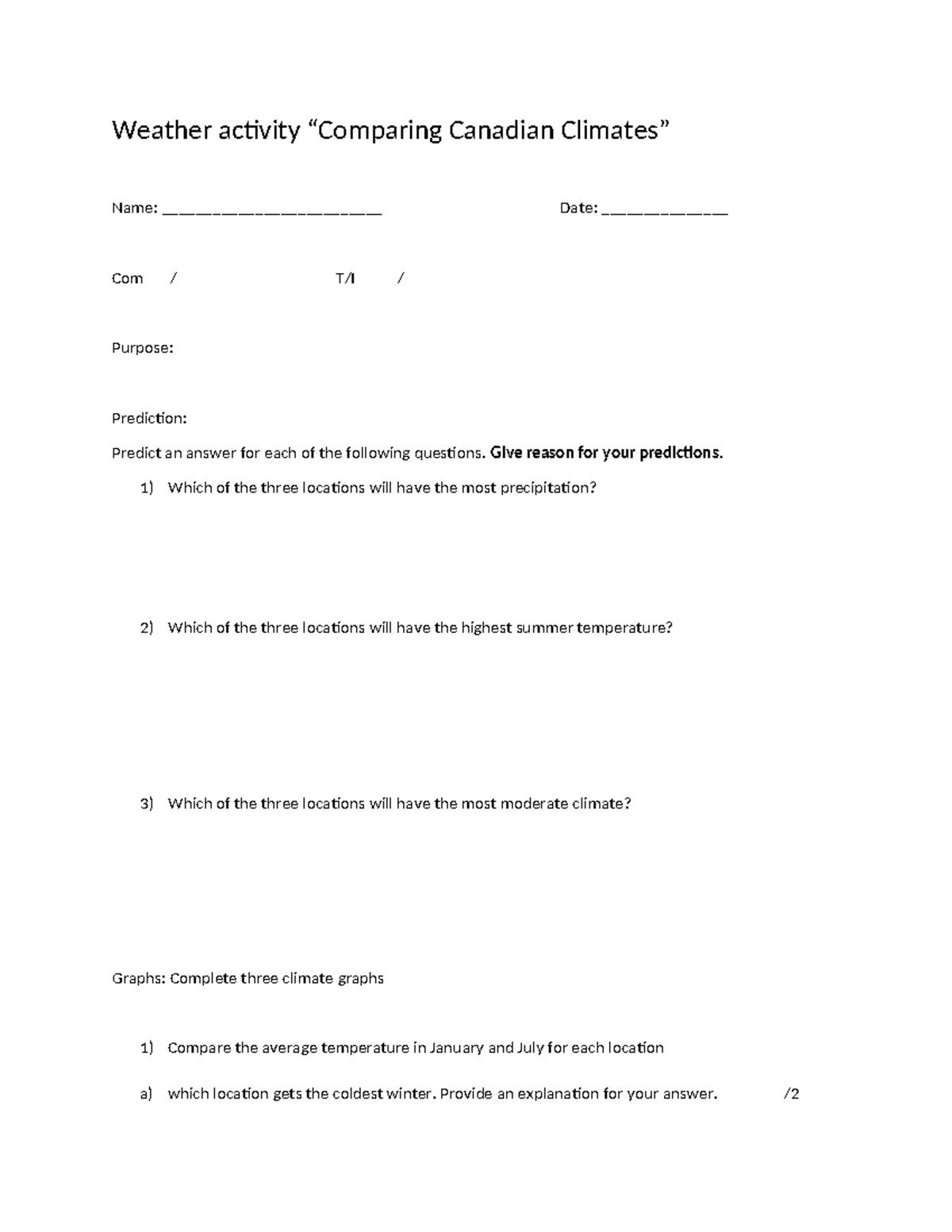 1. Weather activity worksheet - Weather activity “Comparing Canadian ...