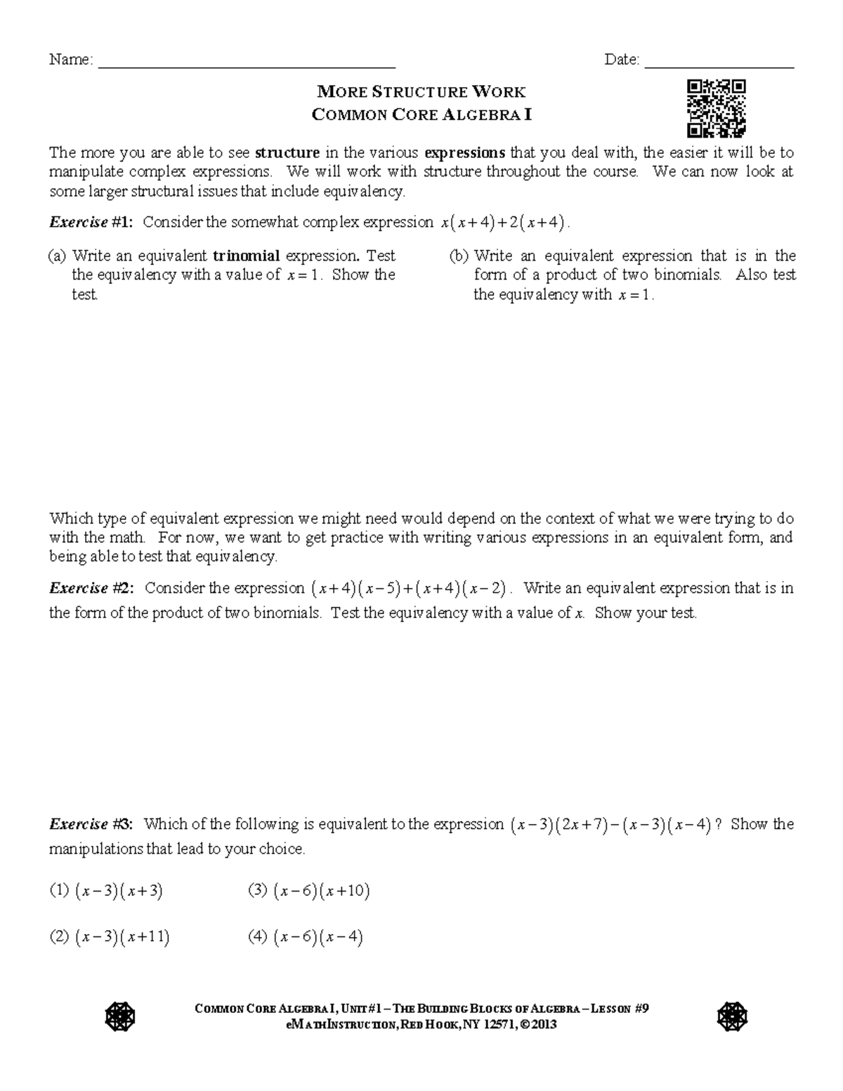 Math - More structure work in lesson 1-9 - Name ...