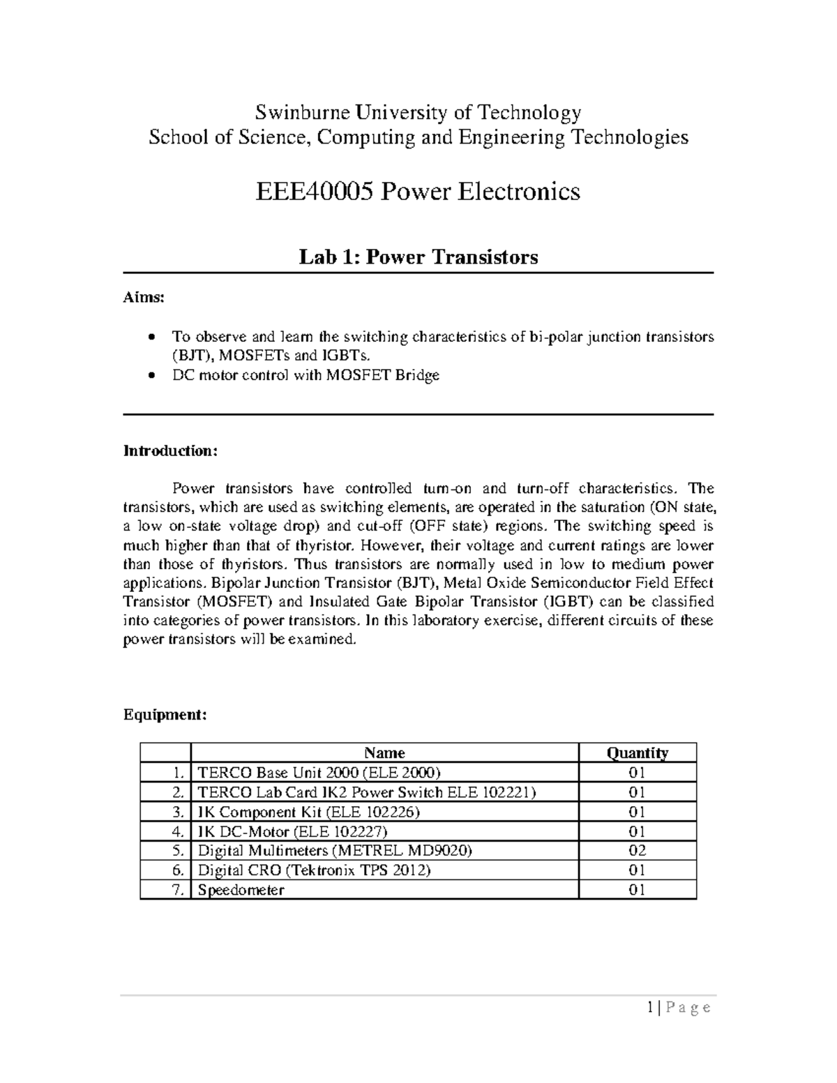 EEE40005 Lab1-2 - lab - Swinburne University of Technology School of ...