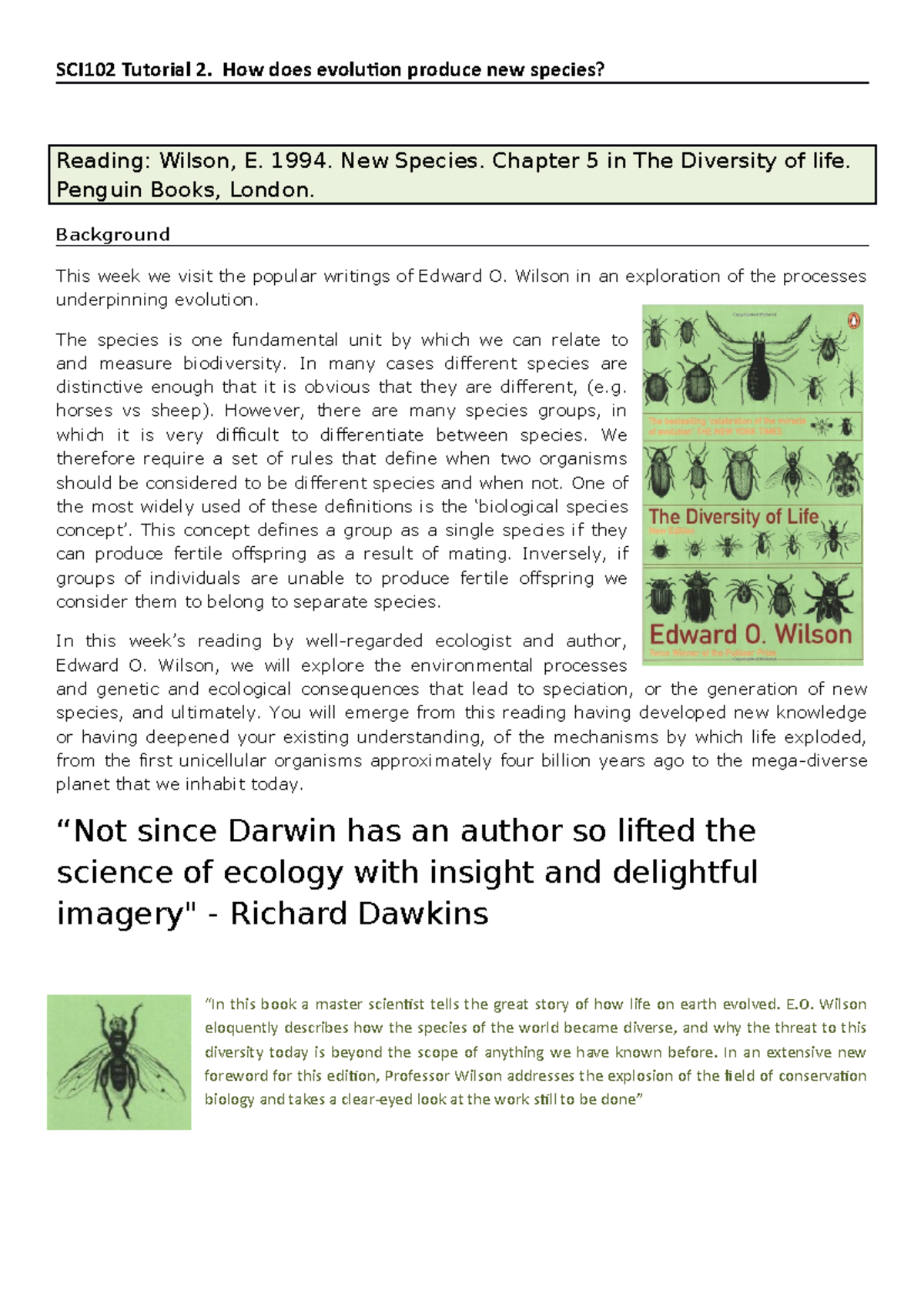 SCI102 Tutorial 2 - Reading: Wilson, E. 1994. New Species. Chapter 5 in ...