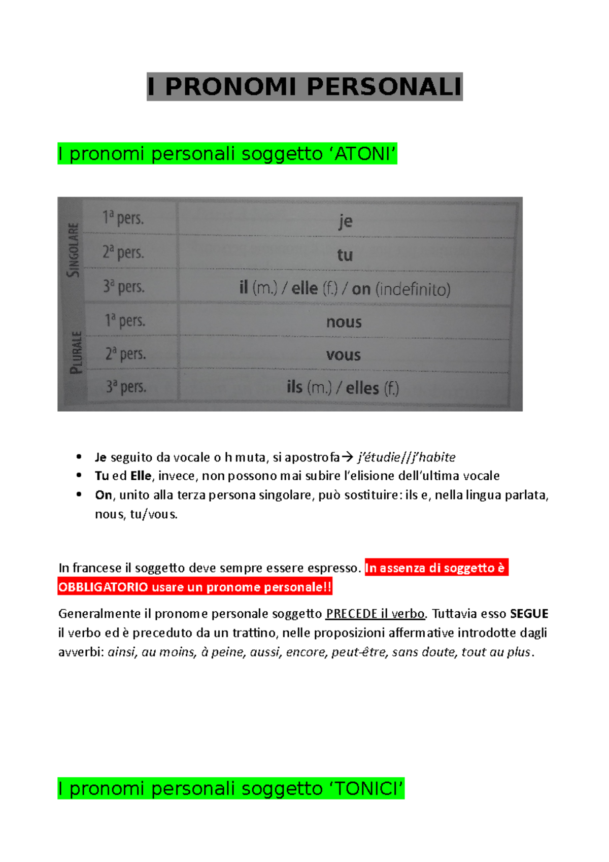 Francese-Pronomi Personali Soggetto e Oggetto - I PRONOMI PERSONALI I ...