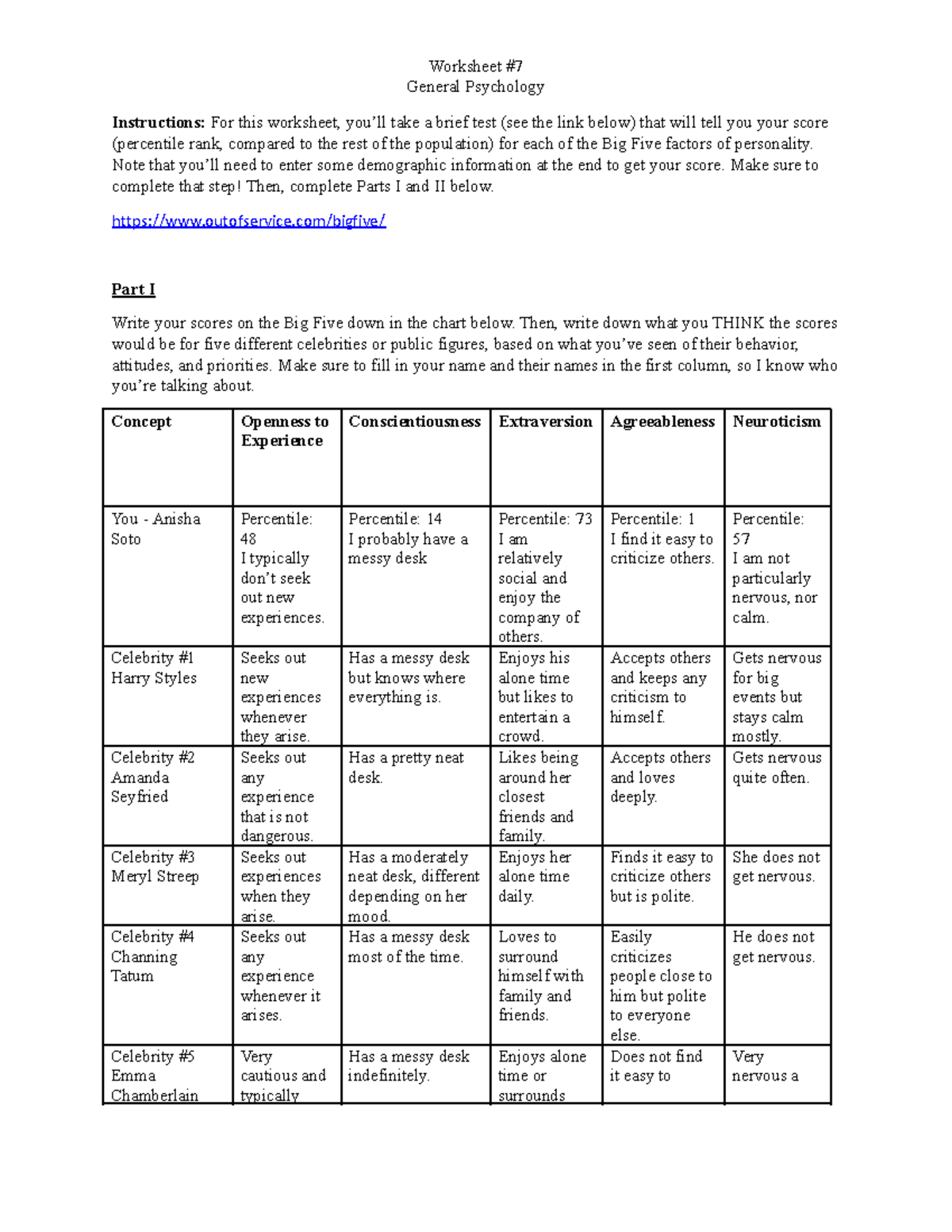 Worksheet 7 - Worksheet # General Psychology Instructions: For this ...