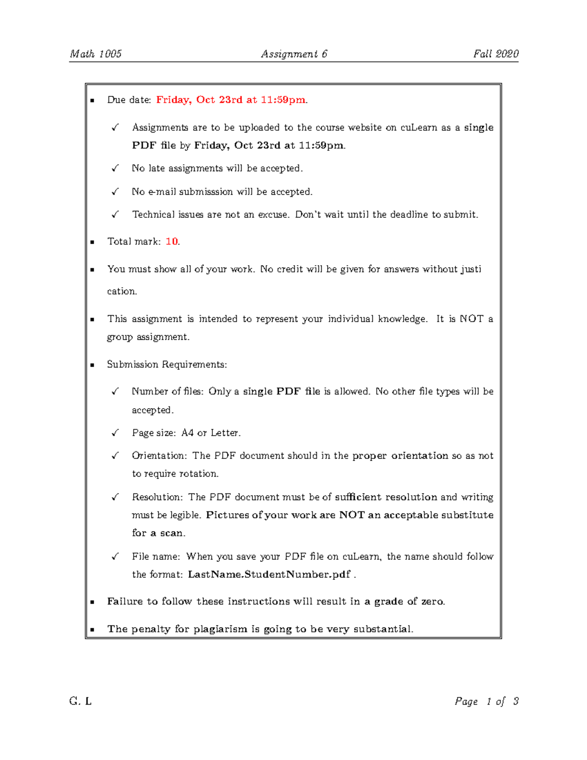 Math 1005 Assignment 6 2020 Fall - Math 1005 Assignment 6 Fall 2020 Due ...