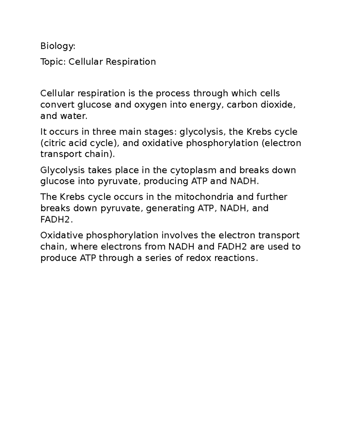 Cellular Respiration - Biology: Topic: Cellular Respiration Cellular respiration is the process ...