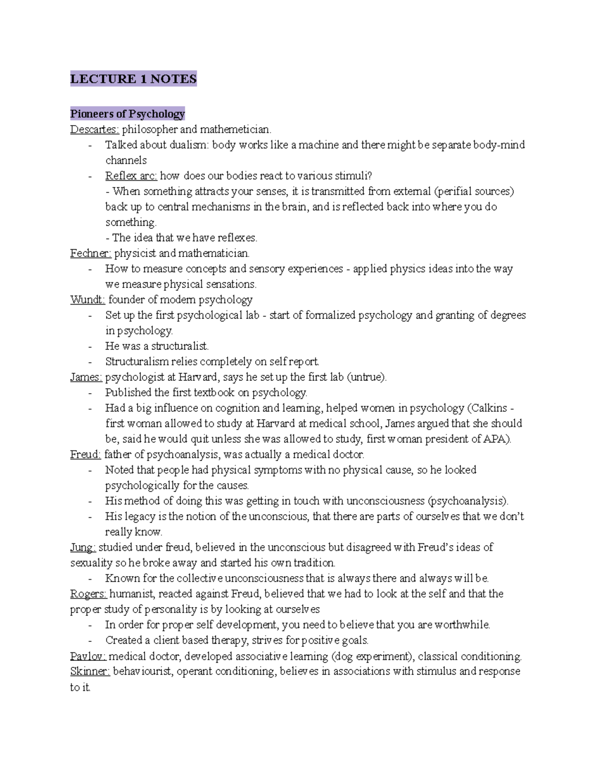Psych 1002 Lecture 1 Notes - LECTURE 1 NOTES Pioneers of Psychology ...