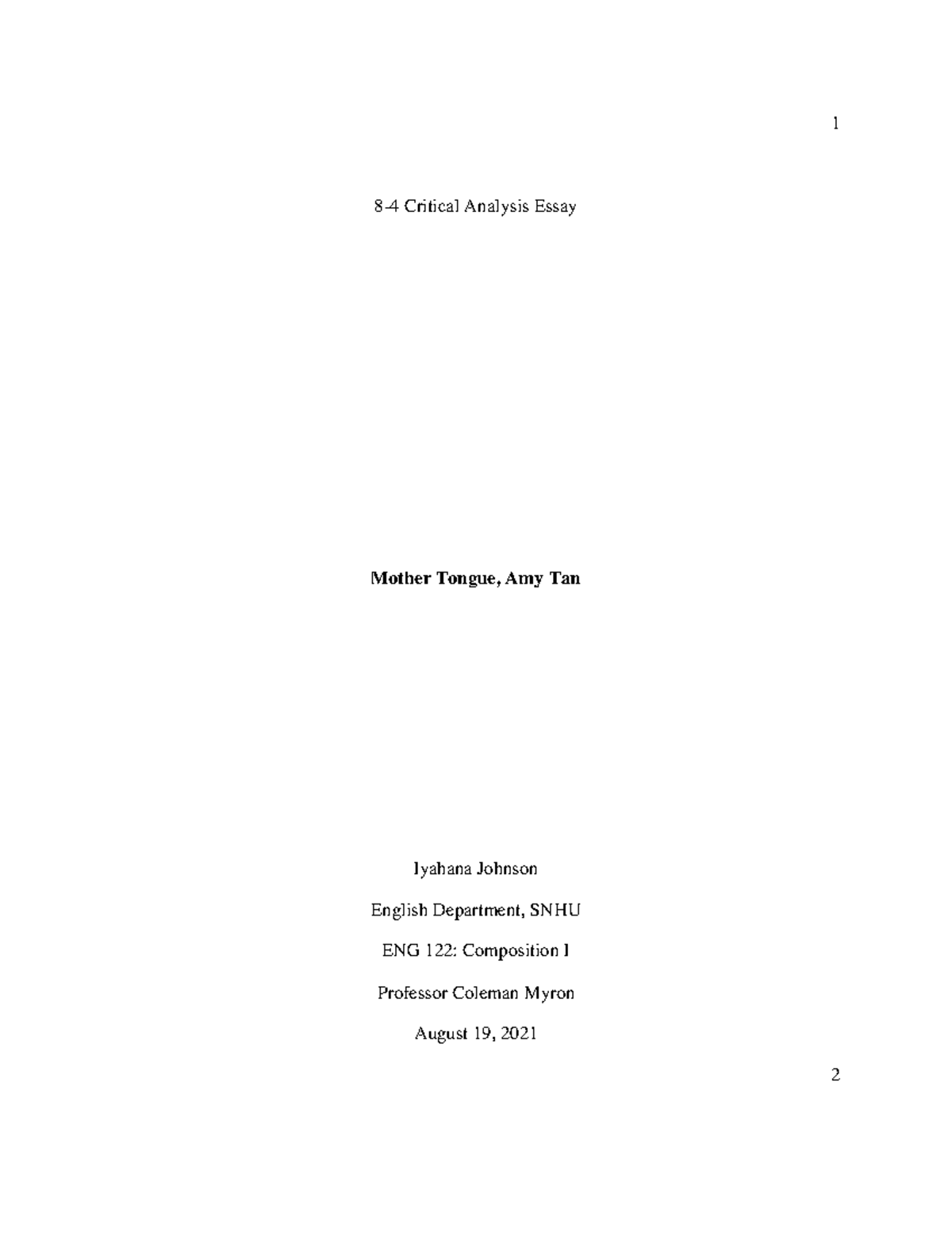 Summative Assessment Part Two Critical Analysis Essay - 1 8-4 Critical ...