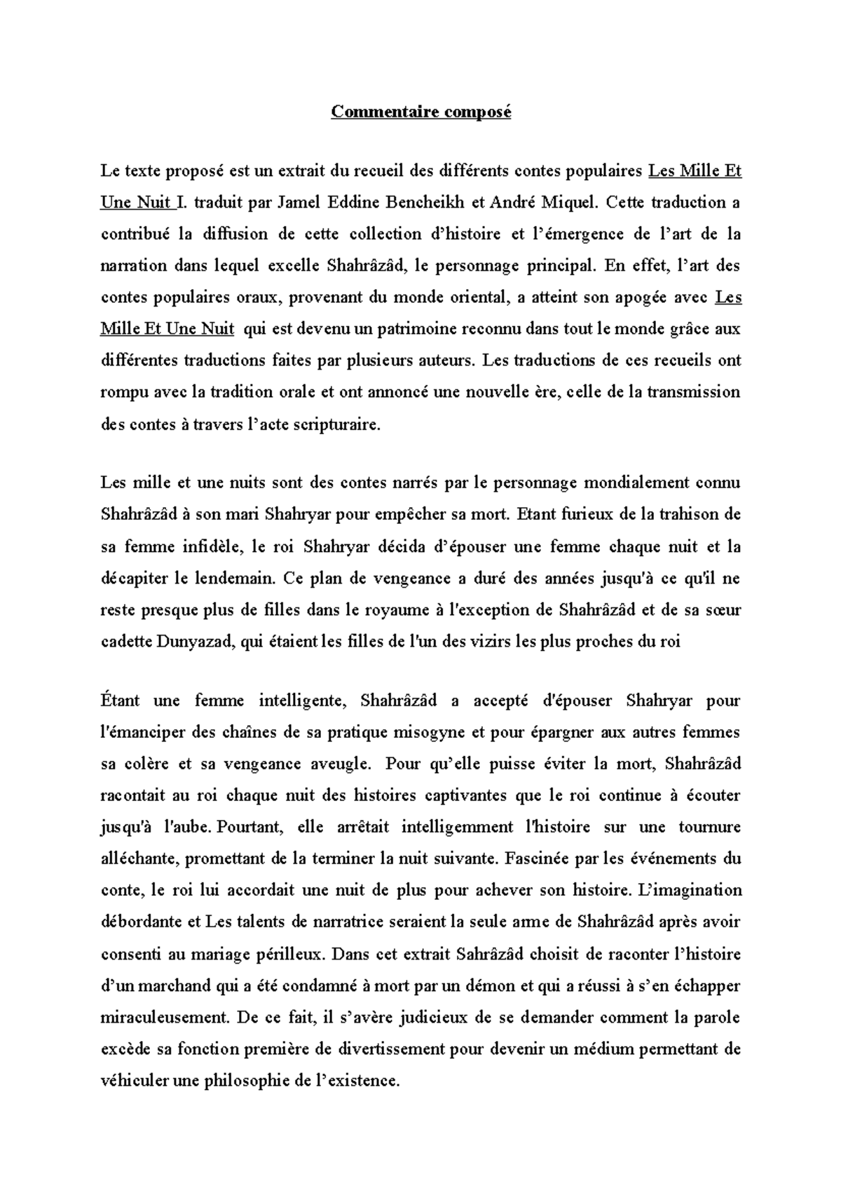 les milles et une nuits - Commentaire composé Le texte proposé est un ...