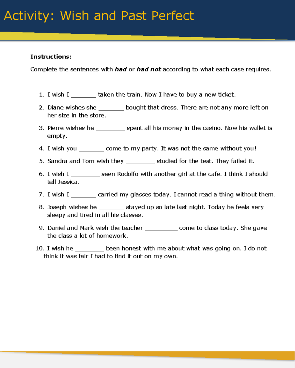 A Wish Past Perfect - ACTIVIDAD INGLES 1 - Activity: Wish and Past ...