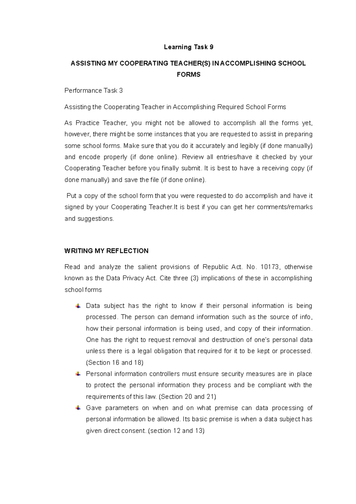 Learning Task 9 - module - Learning Task 9 ASSISTING MY COOPERATING TEACHER(S) IN ACCOMPLISHING ...