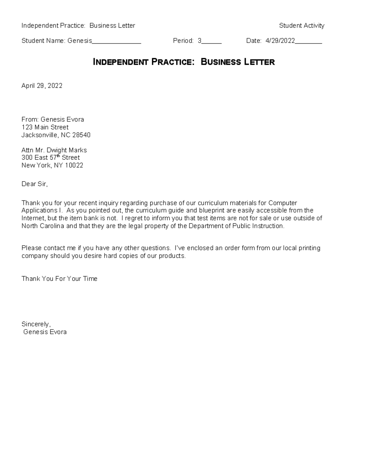 301162 IP Business Letter Genesis - Independent Practice: Business ...
