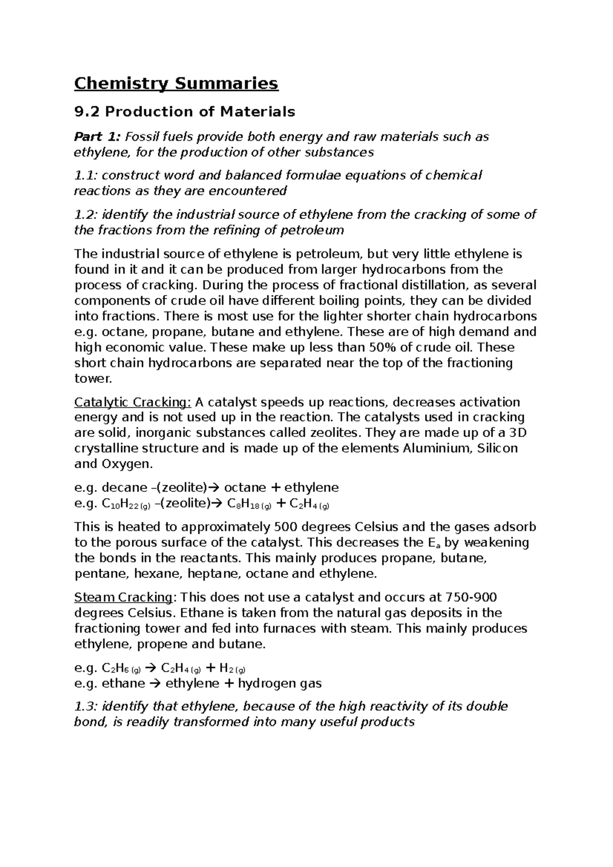 Chem summary 1 - Chemistry Summaries 9 Production of Materials Part 1 ...