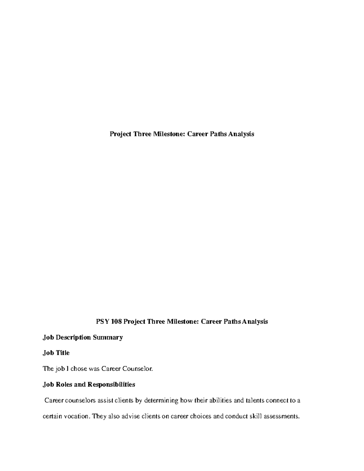 PSY108 Project Three Milestone 1 1 - Project Three Milestone: Career ...