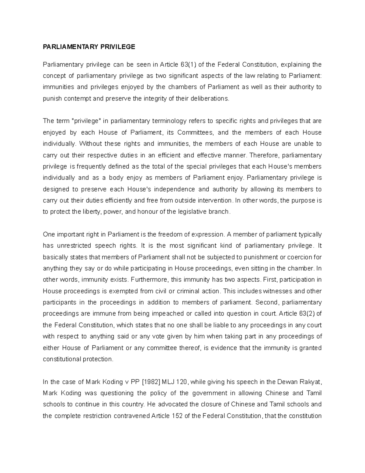 LAW487 - Notes - consti - PARLIAMENTARY PRIVILEGE Parliamentary ...