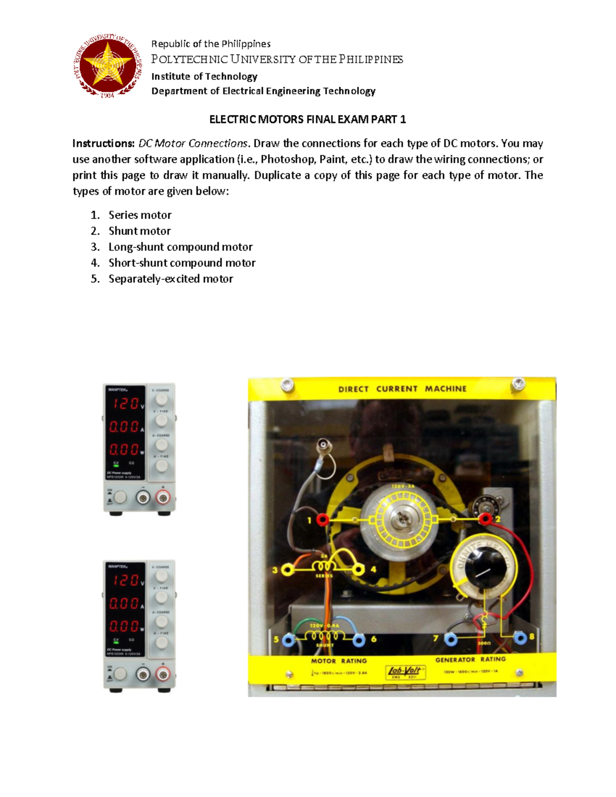 Electric Motors Final Exam - Republic of the Philippines POLYTECHNIC ...