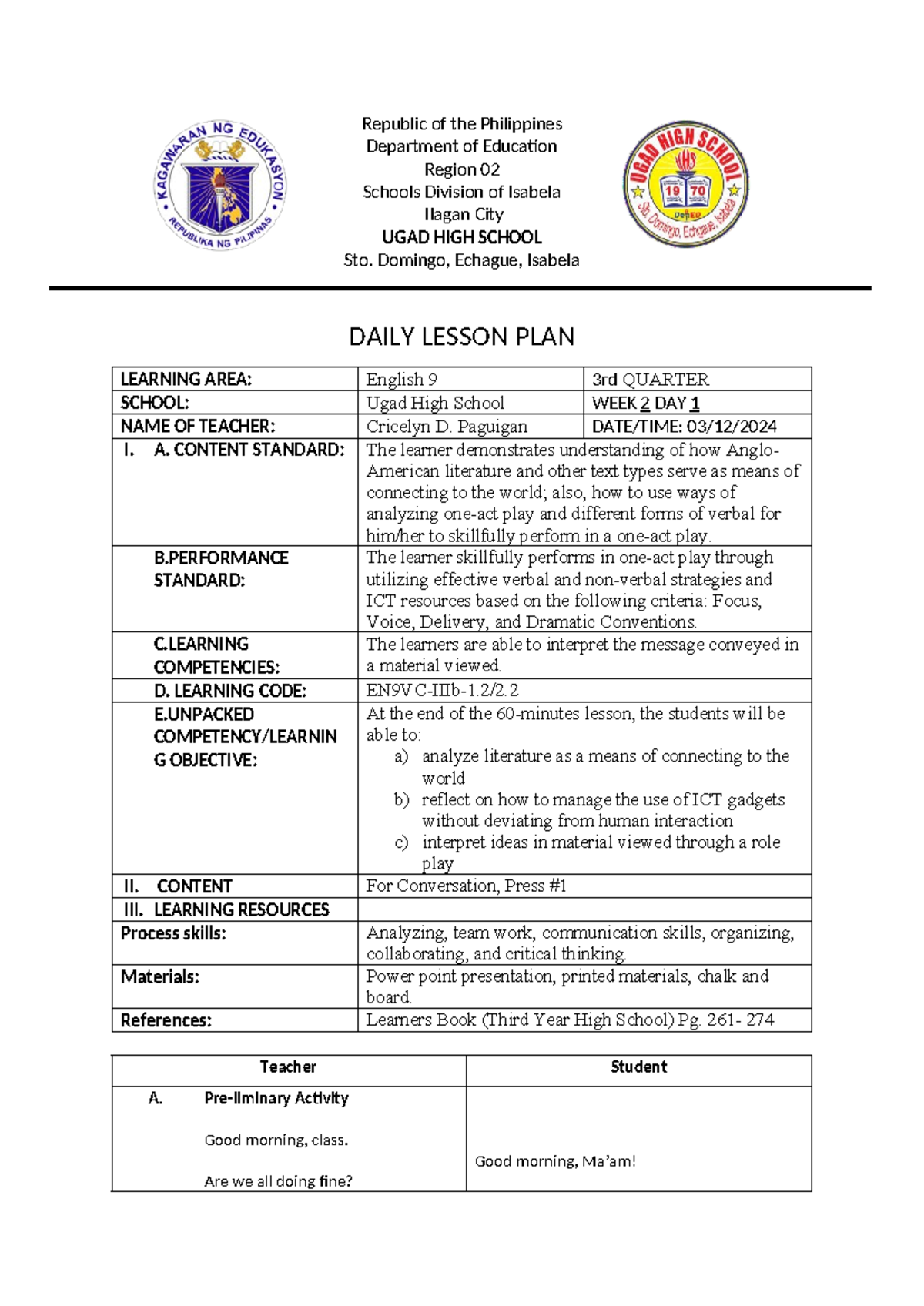 LESSON PLAN WEEK 2 - Republic of the Philippines Department of ...