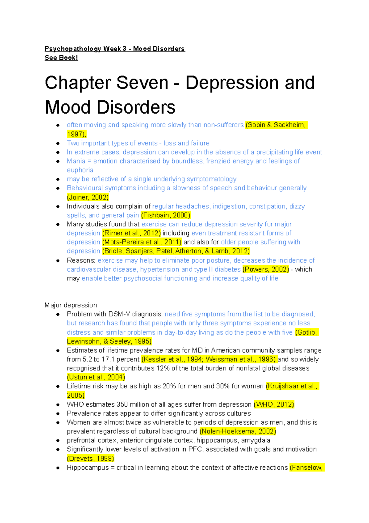 Psychopathology Week 3 - Mood Disorders Supplementary reading notes ...