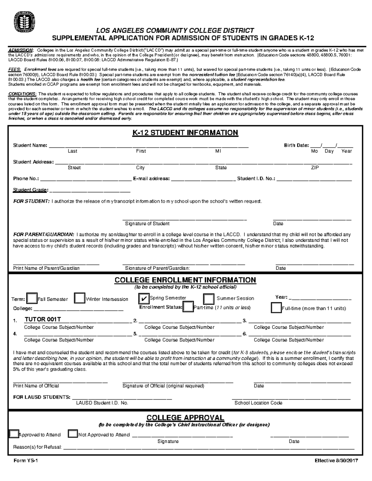 K-12 Student Application - Form YS-1 Effective 8/30/ LOS ANGELES ...
