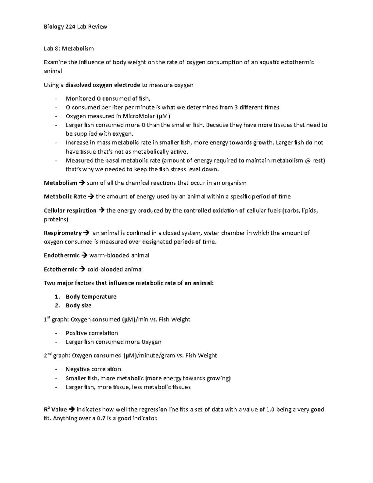 Biology 224 Lab 8 - Biology 224 Lab Review Lab 8: Metabolism Examine ...