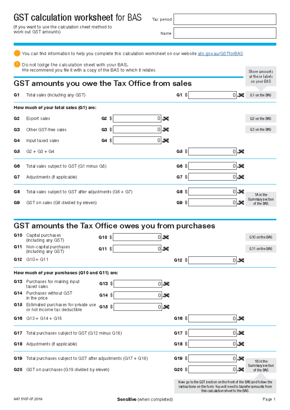 GST Calculation Worksheet - NAT 5107-07 Sensitive (when completed) Page ...