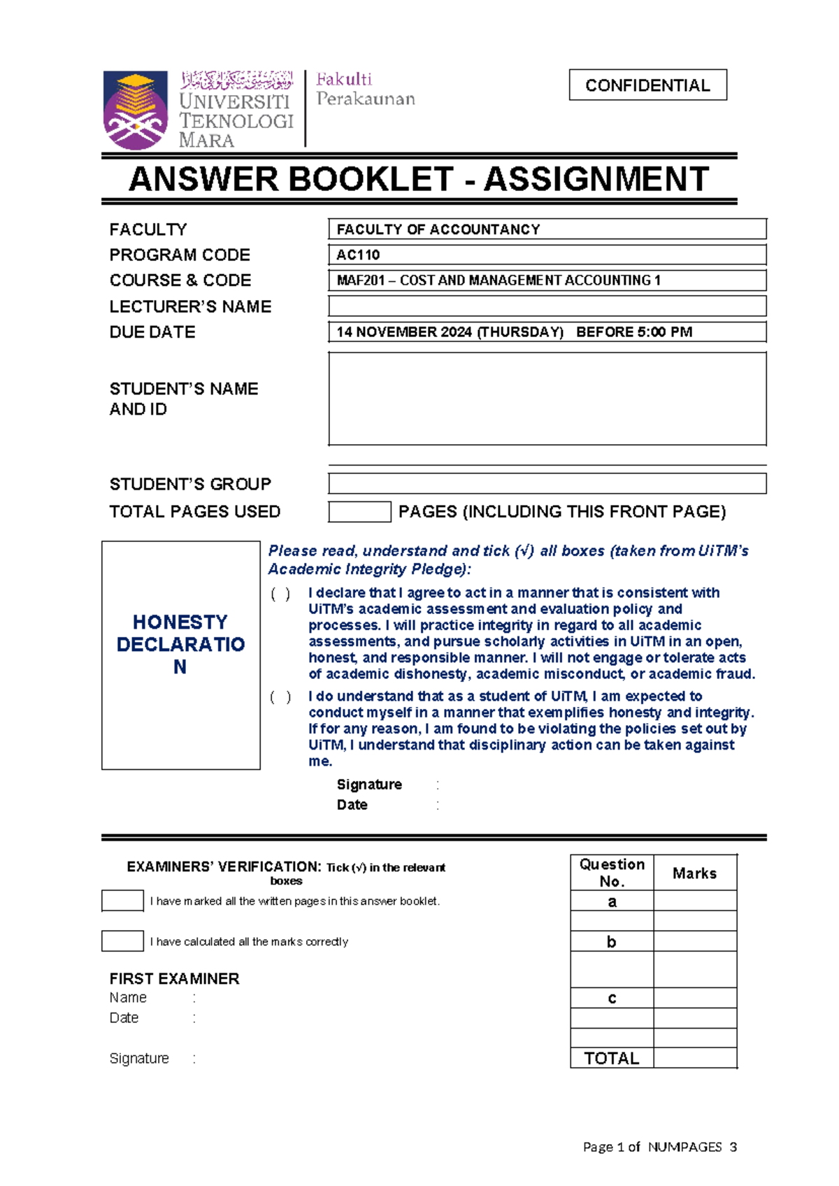 Assignment Answer Booklet-MAF201 - ANSWER BOOKLET - ASSIGNMENT FACULTY ...