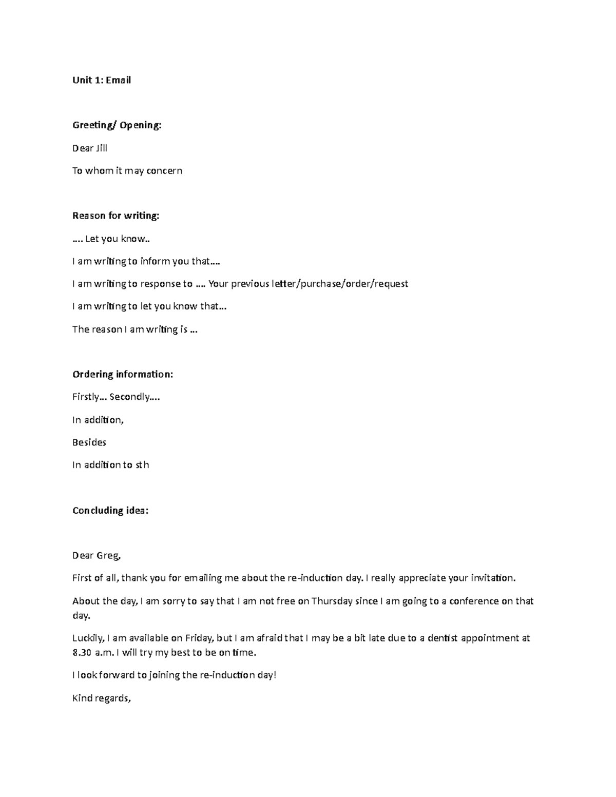 TA HP1 - TA HP1 - Unit 1: Email Greeting/ Opening: Dear Jill To whom it ...