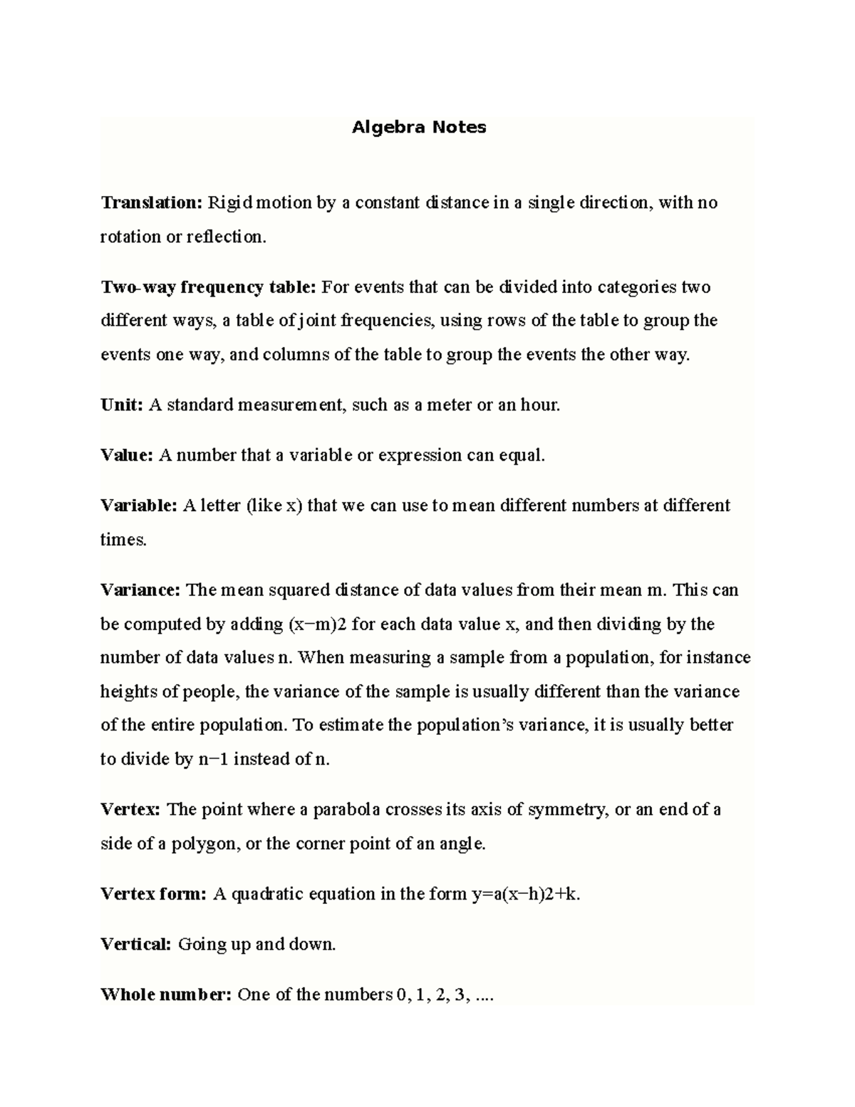 Algebra 5 - Algebra Notes Translation: Rigid motion by a constant ...