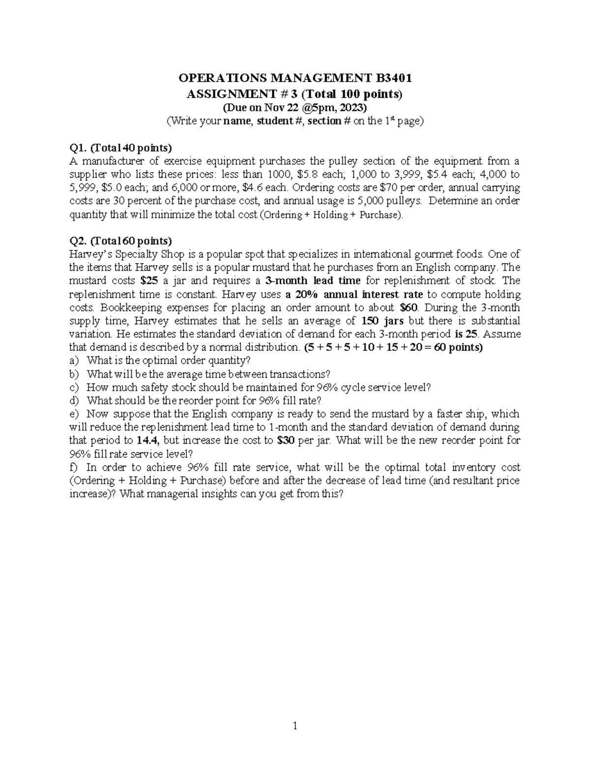 Assignment 3 Practice Assignment Operations Management B Assignment 3 Total 100 Points