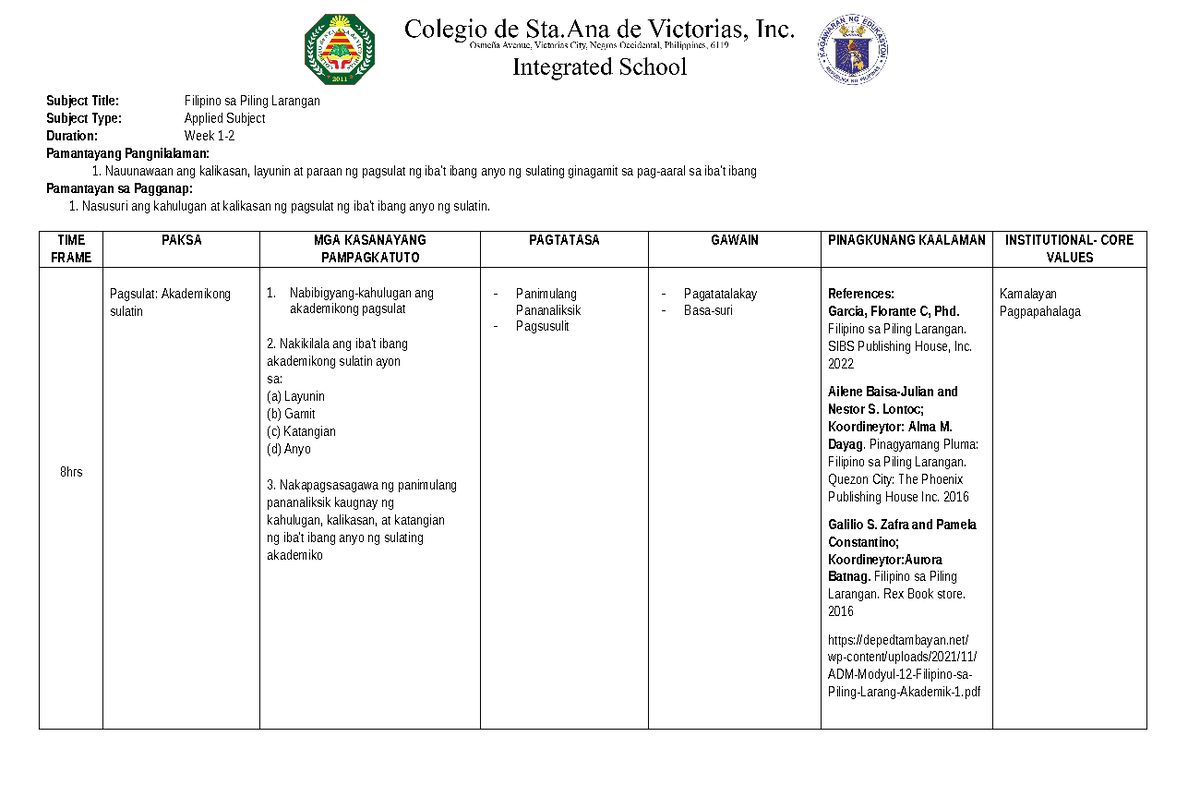 Curriculum MAP 2023 FPL - ####### Subject Title: Filipino sa Piling ...