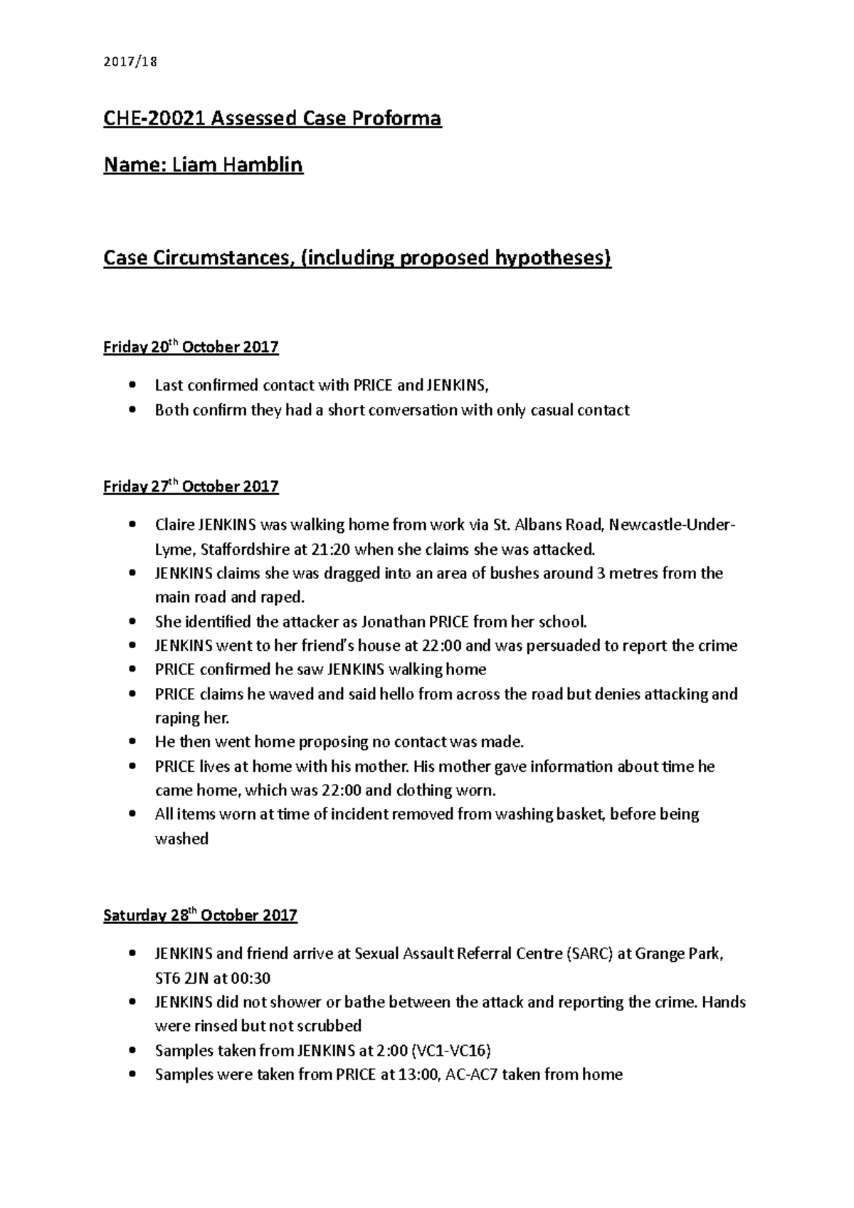 Forensic Genetics Report - CHE-20021 Assessed Case Proforma Name: Liam ...